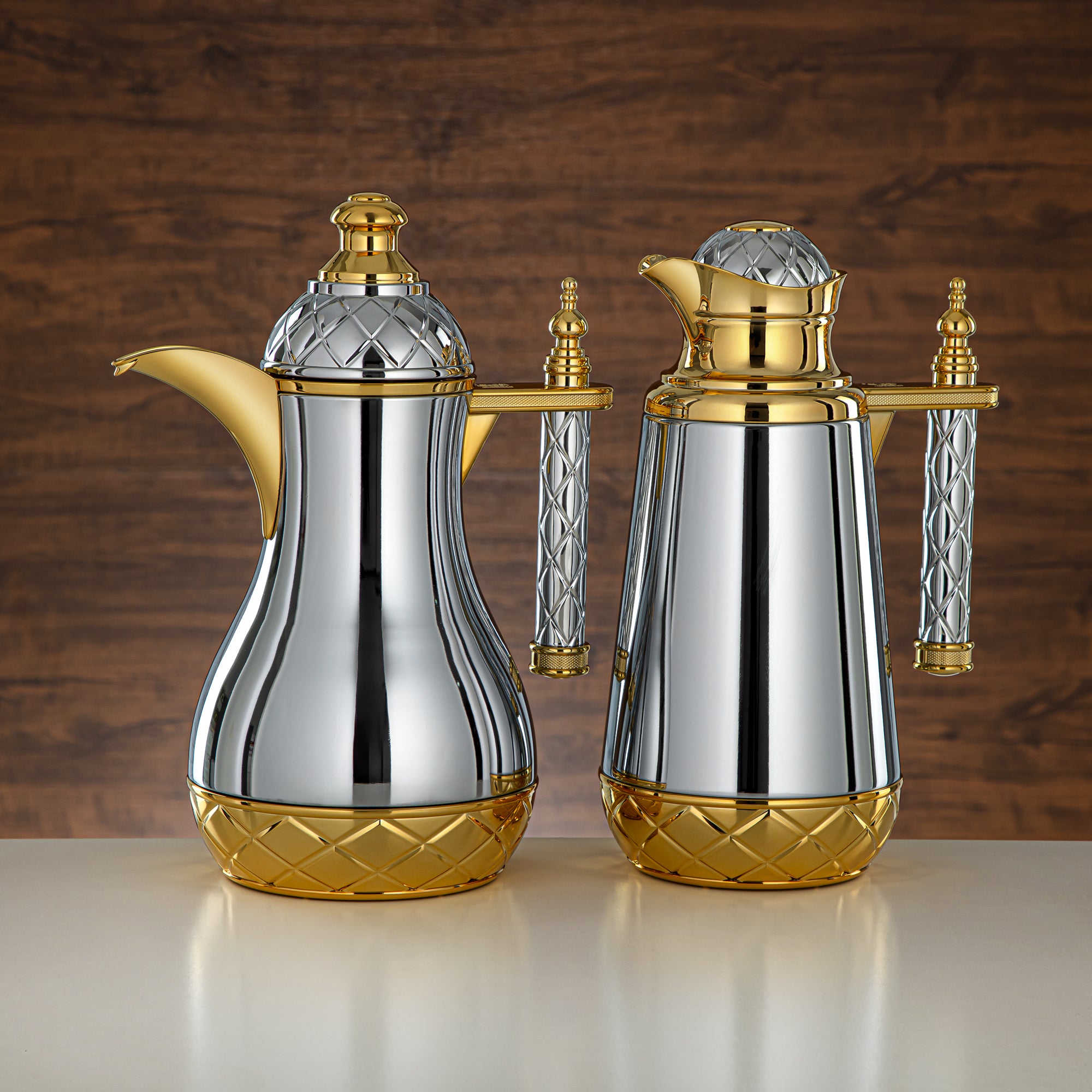 Almarjan Vacuum Flask Set, Push Button - 0.7L + 1L, Silver & Gold (CBY