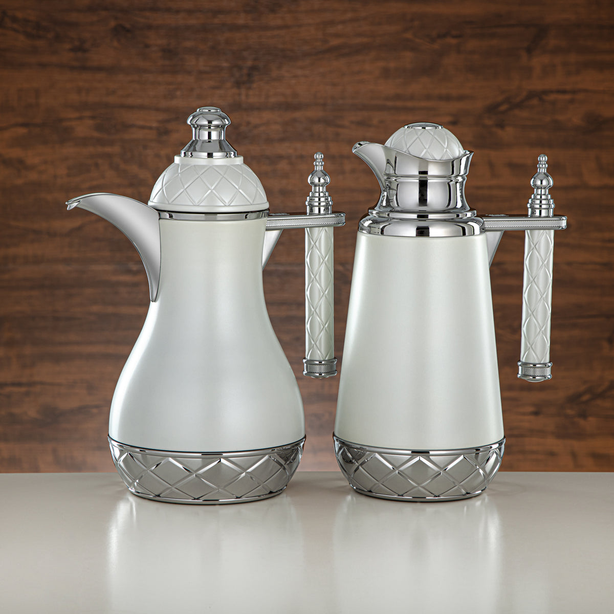 Almarjan Vacuum Flask Set, Push Button - 0.7L + 1L, White & Silver (CB