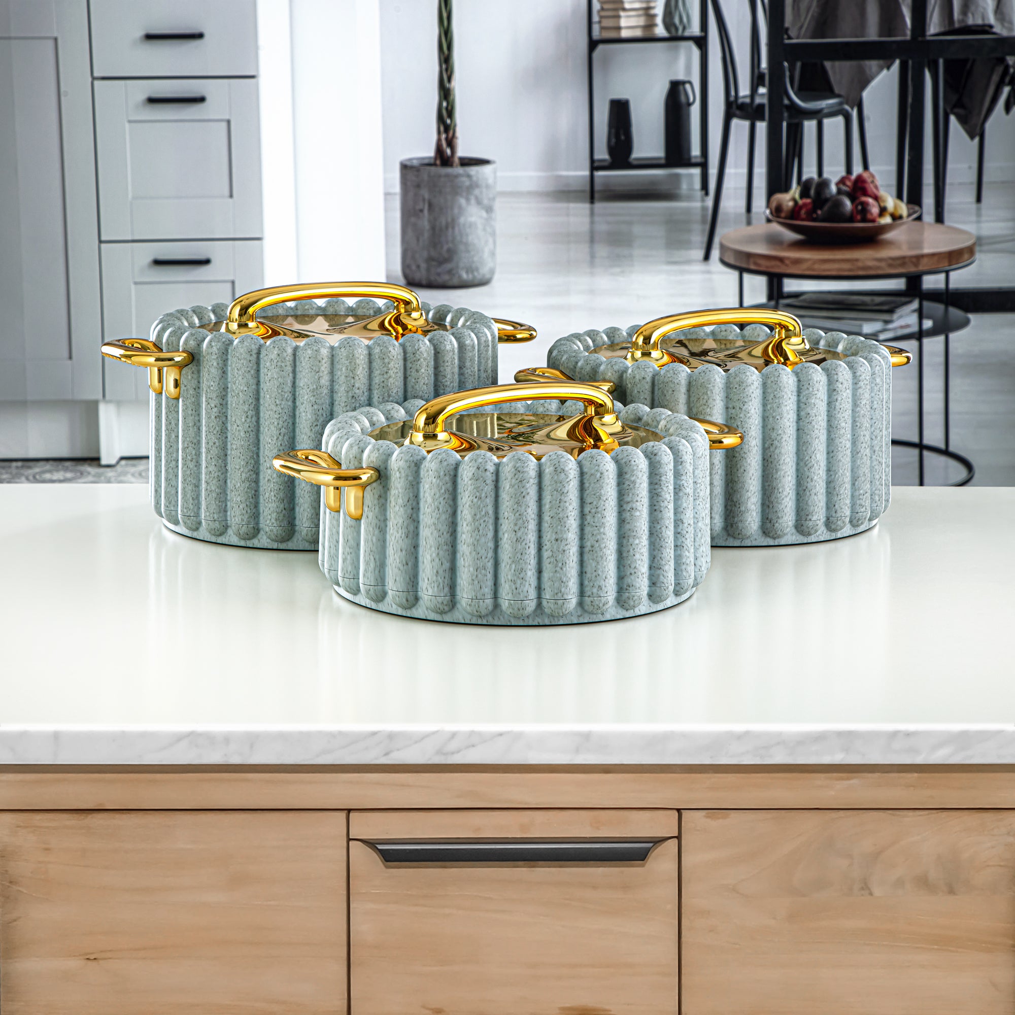 Almarjan 3 Pieces Plastic Hot Pot Set Grey & Gold - EI-150/200/250 BLG