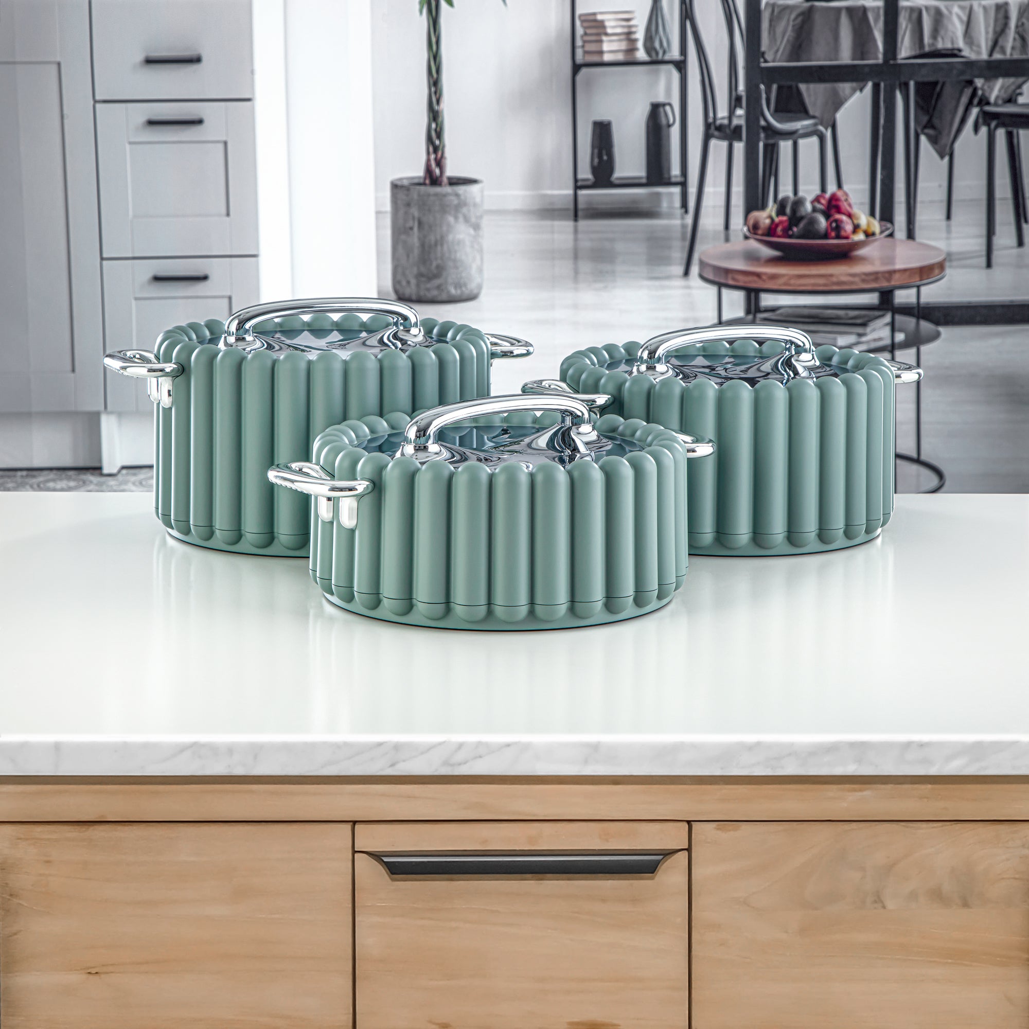 Almarjan 3 Pieces Plastic Hot Pot Set Green & Silver - EI-150/200/250