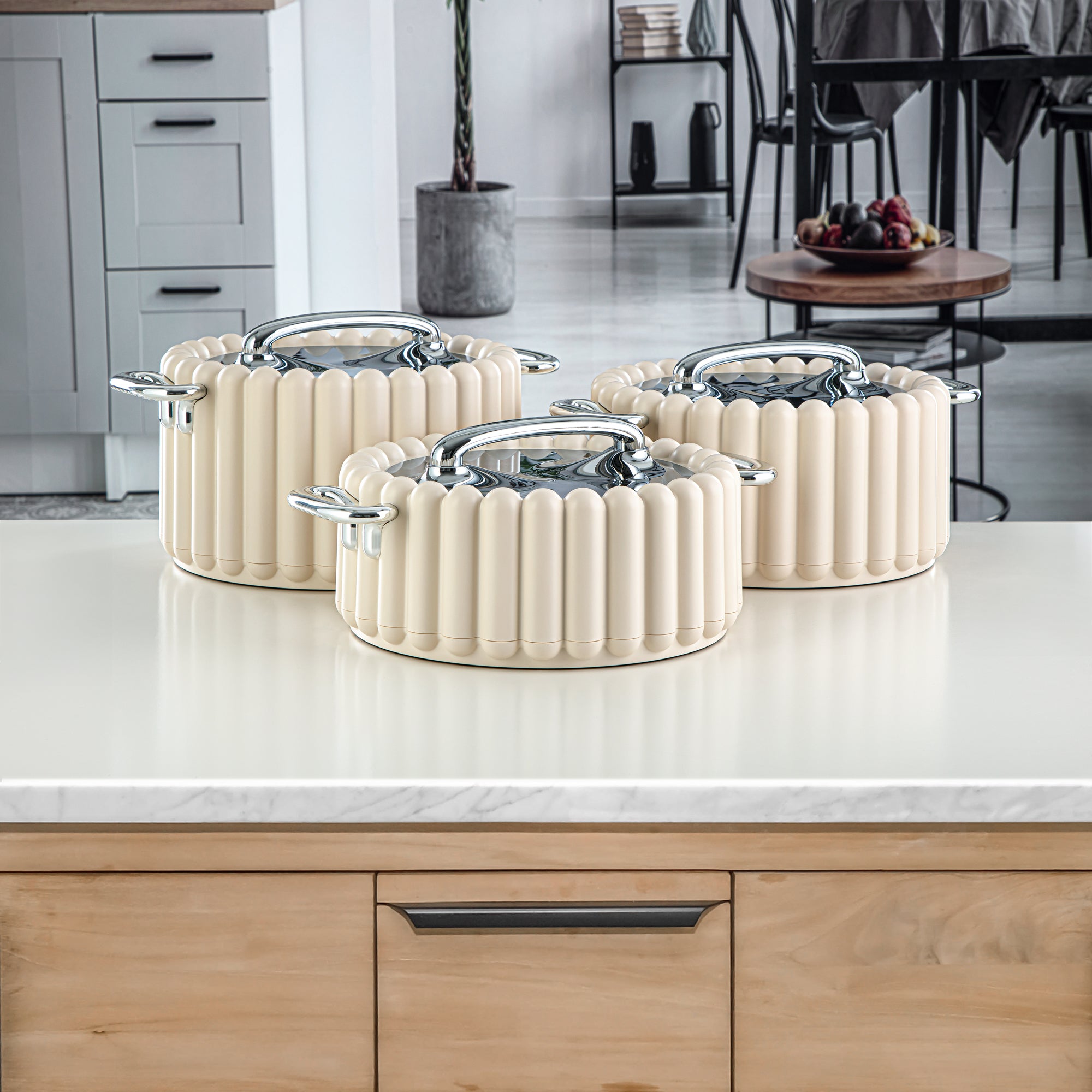 Almarjan 3 Pieces Plastic Hot Pot Set Ivory & Silver - EI-150/200/250