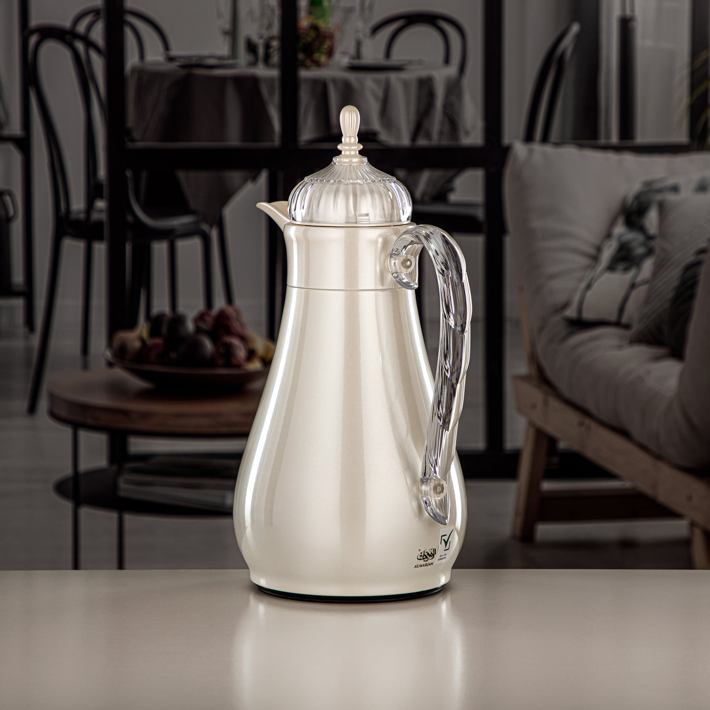 Almarjan Vacuum Flask Set, Push Button, 0.7L + 1L, Pearl White & Trans