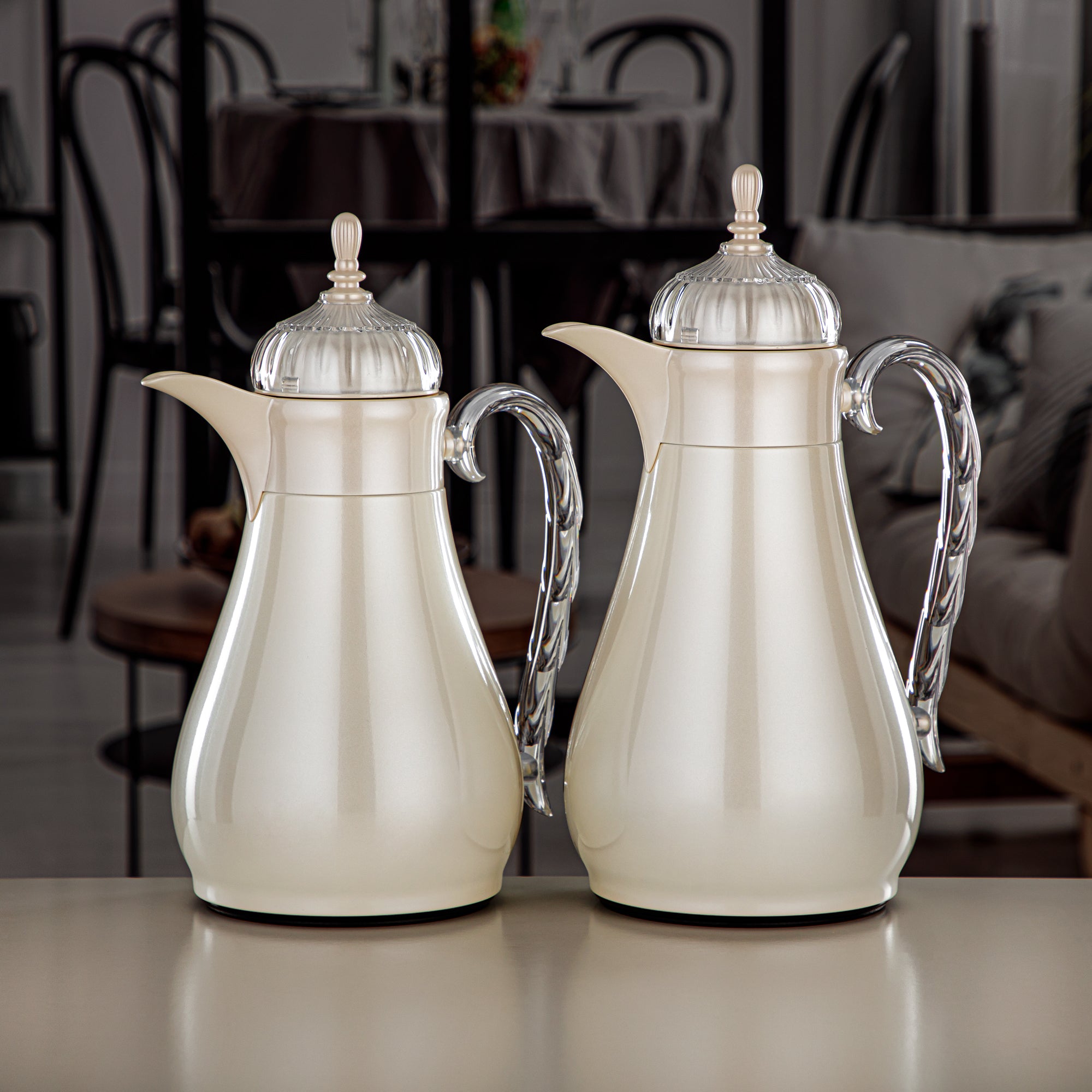 Almarjan Vacuum Flask Set, Push Button, 0.7L + 1L, Pearl White & Trans