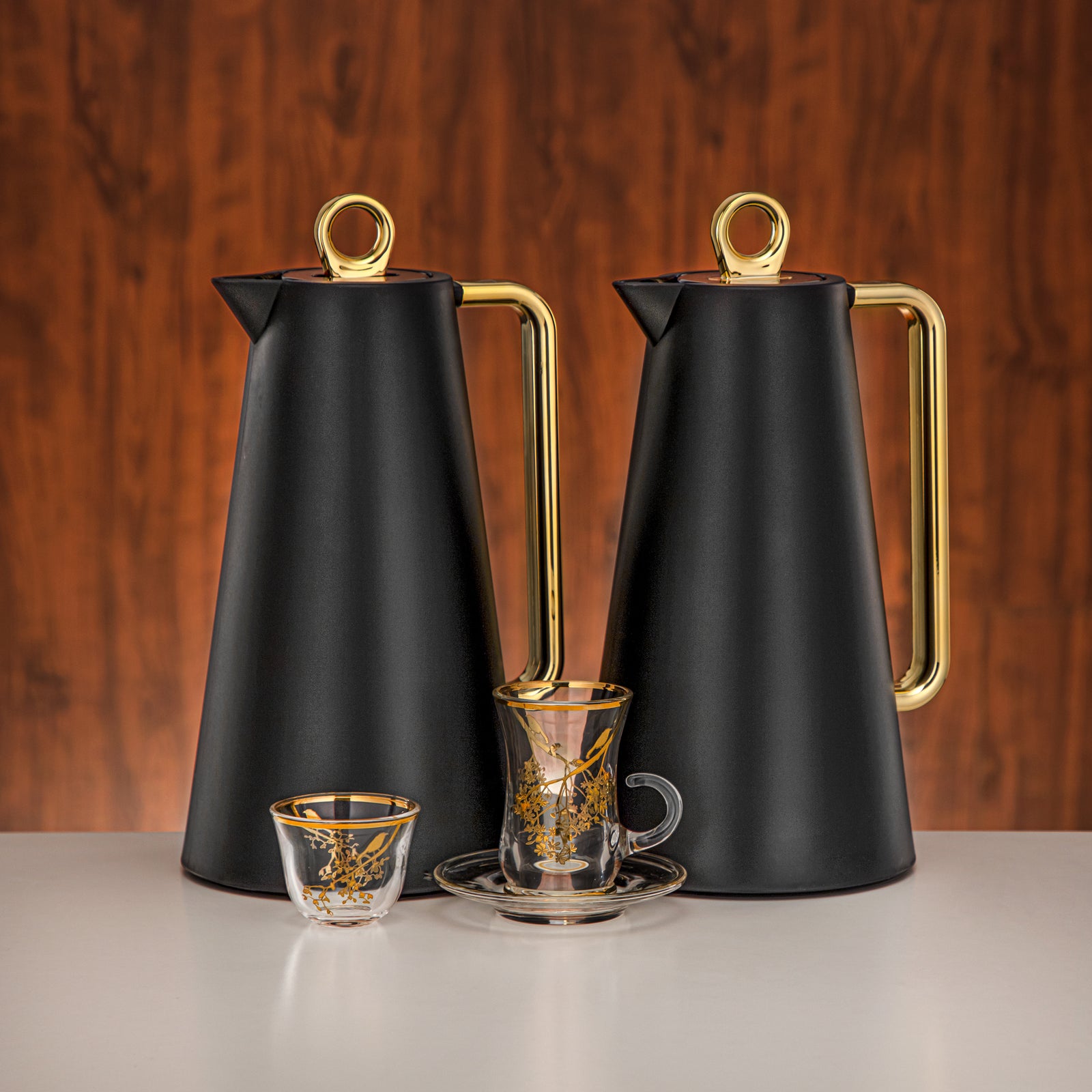 Almarjan 20-Piece Matt Black & Gold Vacuum Flask & Tea Serving Set – 1L + 1L Plastic Flasks with ...