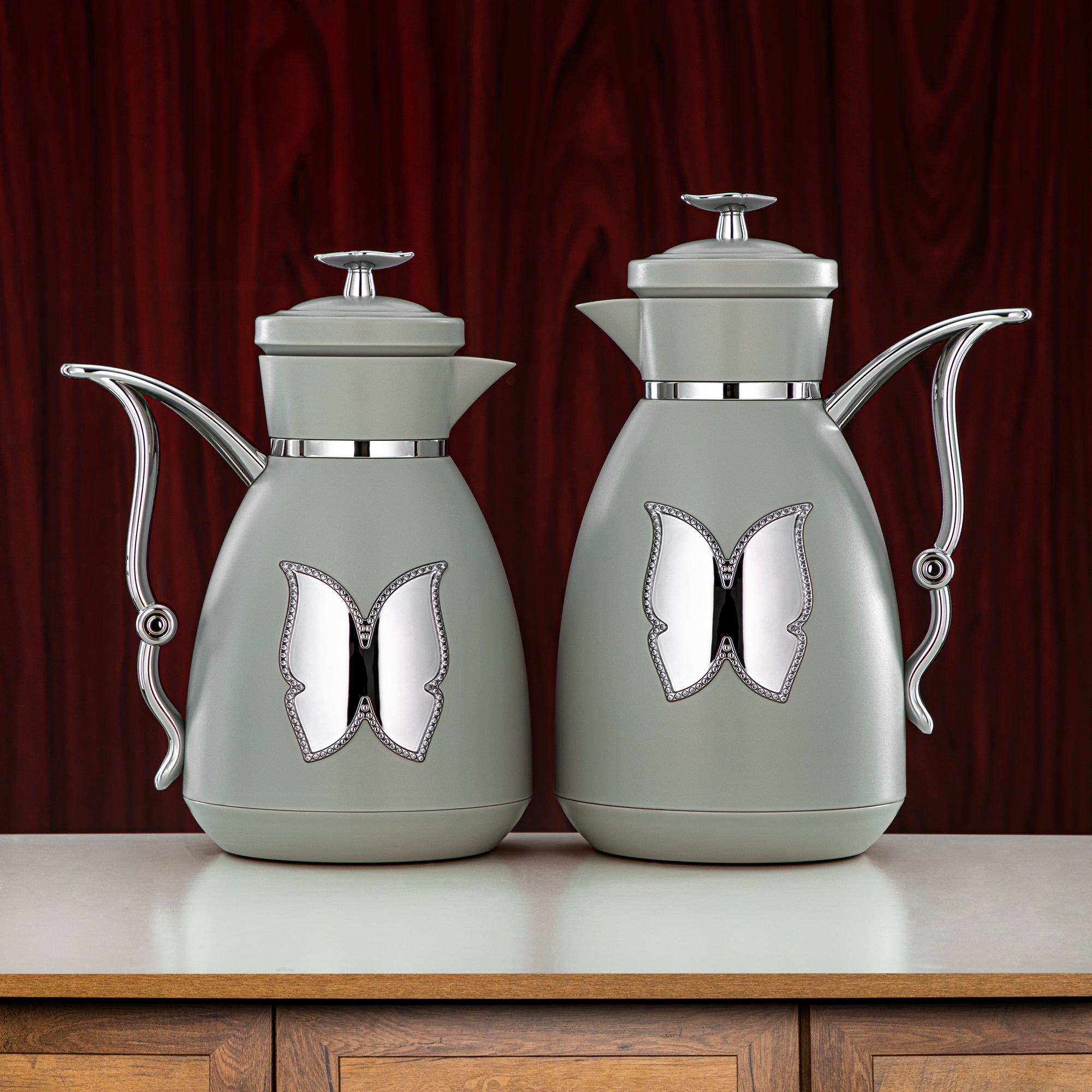 Almarjan Vacuum Flask Set Plastic Push Button 0.7L + 1L Light Grey & S