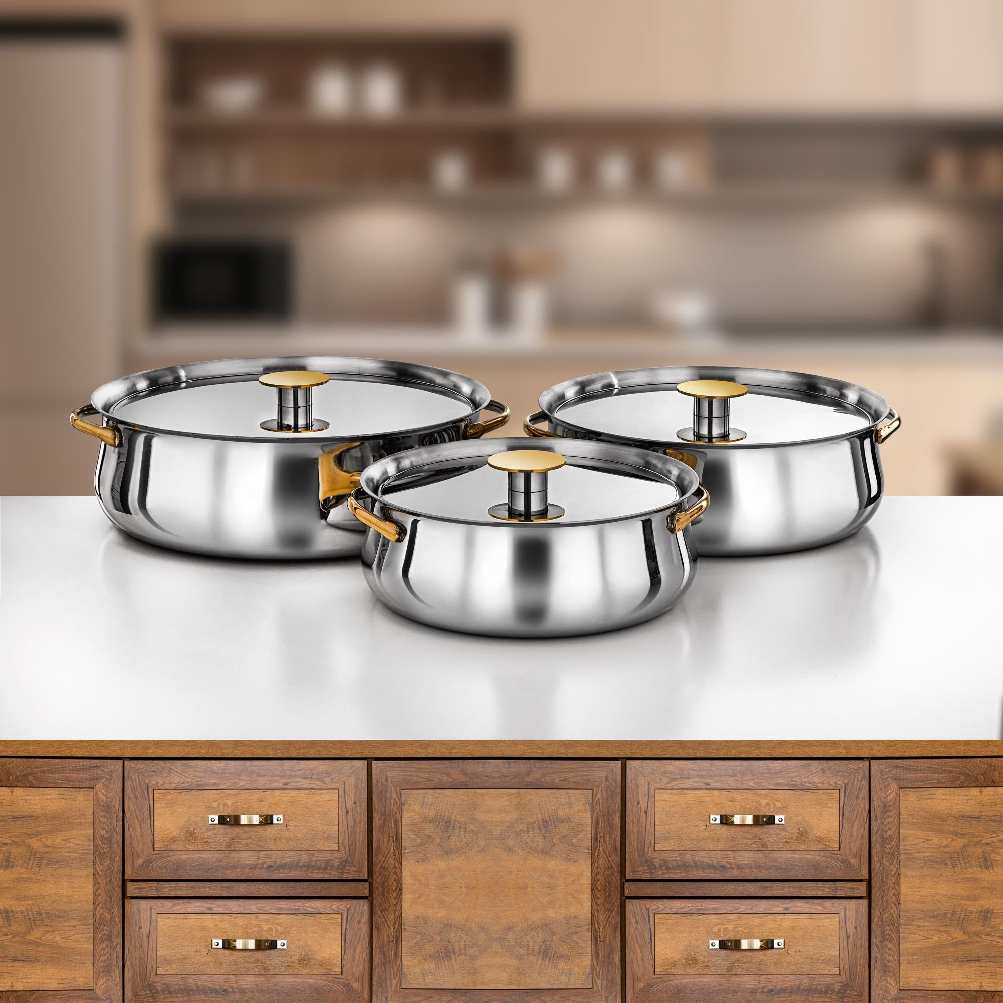 Almarjan Hot Pot Set Stainless Steel 25cm + 30cm + 35cm Silver & Gold